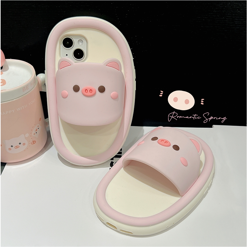 For iPhone 11, 12, 13, 14, 15 Pro Max Pig Slippers Pink Phone Case ...