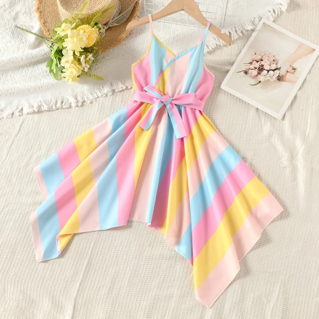 Girls' Sleeveless Rainbow Stripe Suspended Dress with Open Back Middle ...