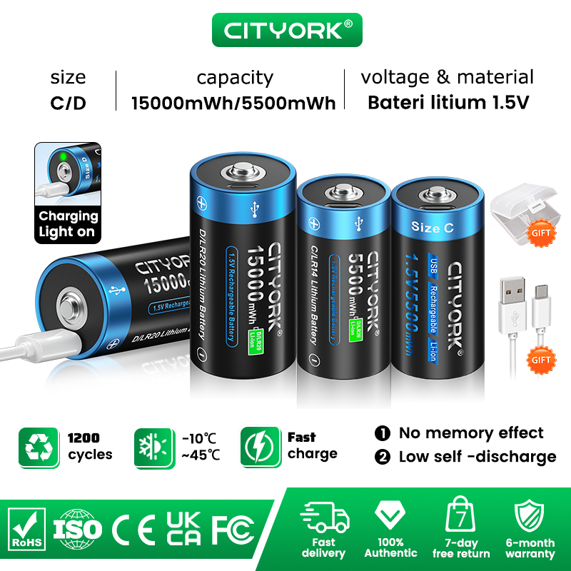 Cityork R20 R14 Heavy Duty 1.5V D Size C Size Rechargeable Battery ...