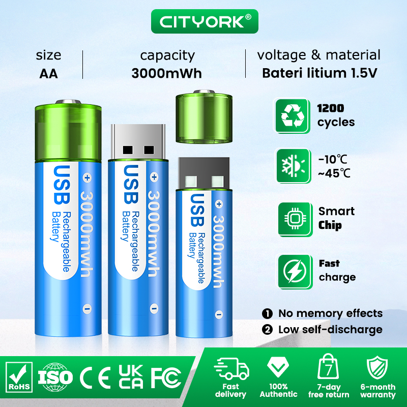 Cityork AA Battery rechargeable USB Rechargeable Batteri 1.5V Lithium ...