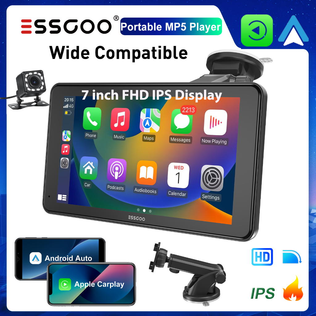 ESSGOO 7" Portable Carplay MP5 Multimedia Player FHD IPS Touch Screen Android Auto Mirror Link ...