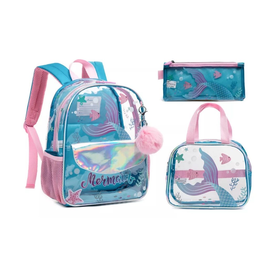 3 pieces mermaid transparent backpack, girls backpack set, 13 inch ...