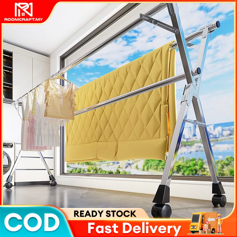 2.4m Ampaian baju Folding Drying Racks Single Pole Stainless Steel Rak ...