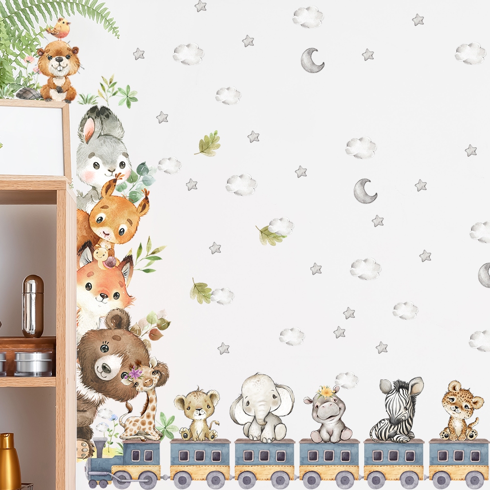 【Zooyoo】 Cartoon Animal Door Stickers Small Train Wall Stickers Forest ...