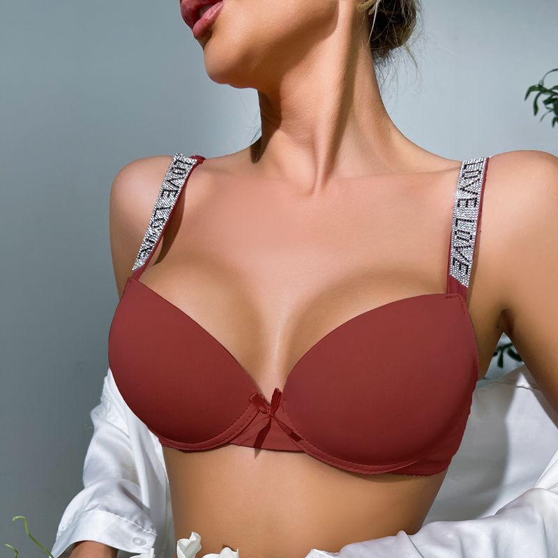 PARIFAIRY Rhinestone Shine Strap bra push up padded bra Smooth Pure Color Letter Bra With Wire ...