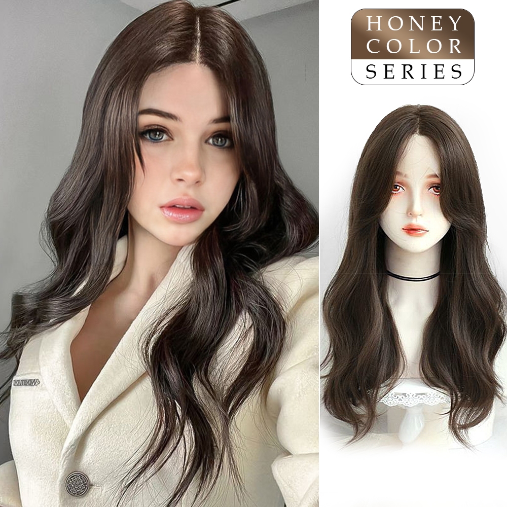 Wavy Curly Long Full Hair Wig Middle Part Bangs Hairwigs Bordeaux Red ...