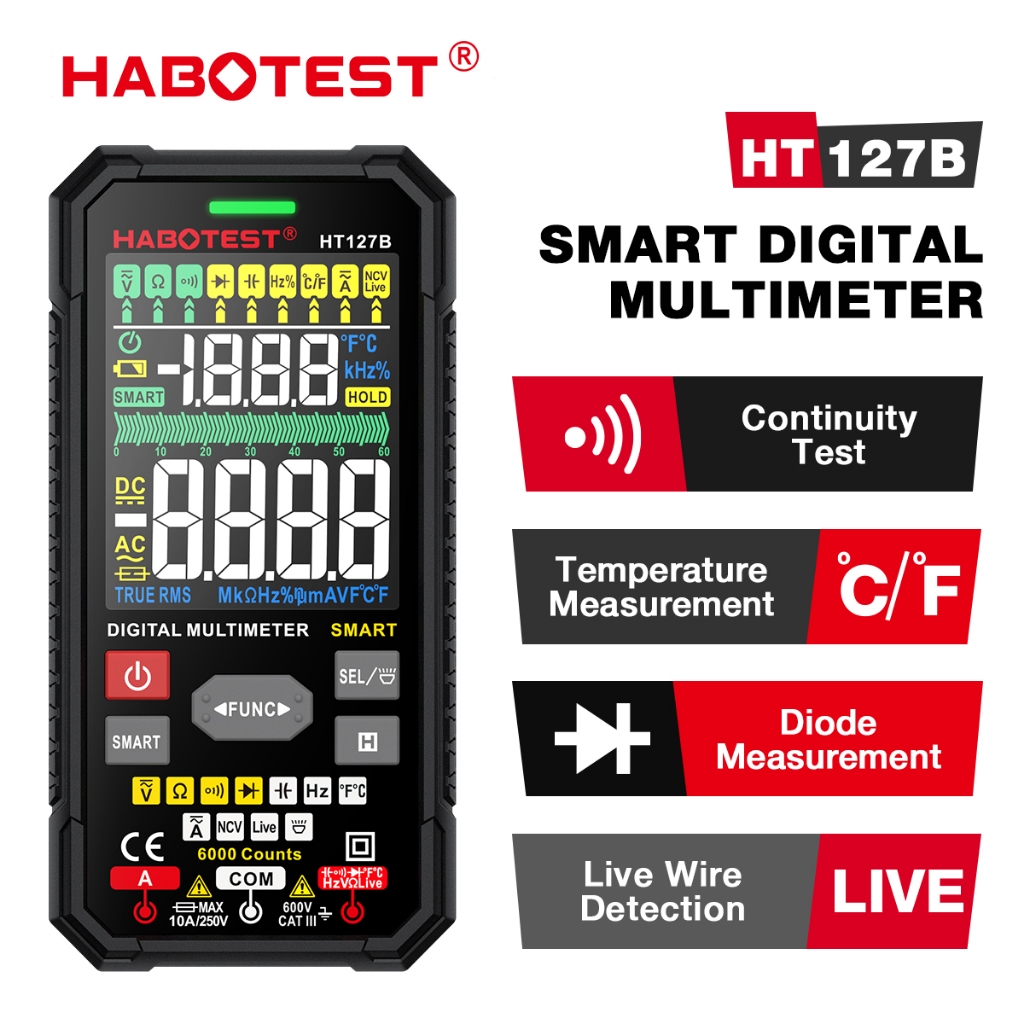 HABOTEST HT127B Smart Digital Multimeter AC/DC Voltage 600V 6000 Counts ...