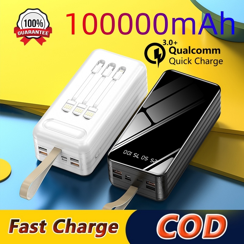 Powerbank 100000mah Original Heavy Duty Built-in 3 Cables With Mirror ...