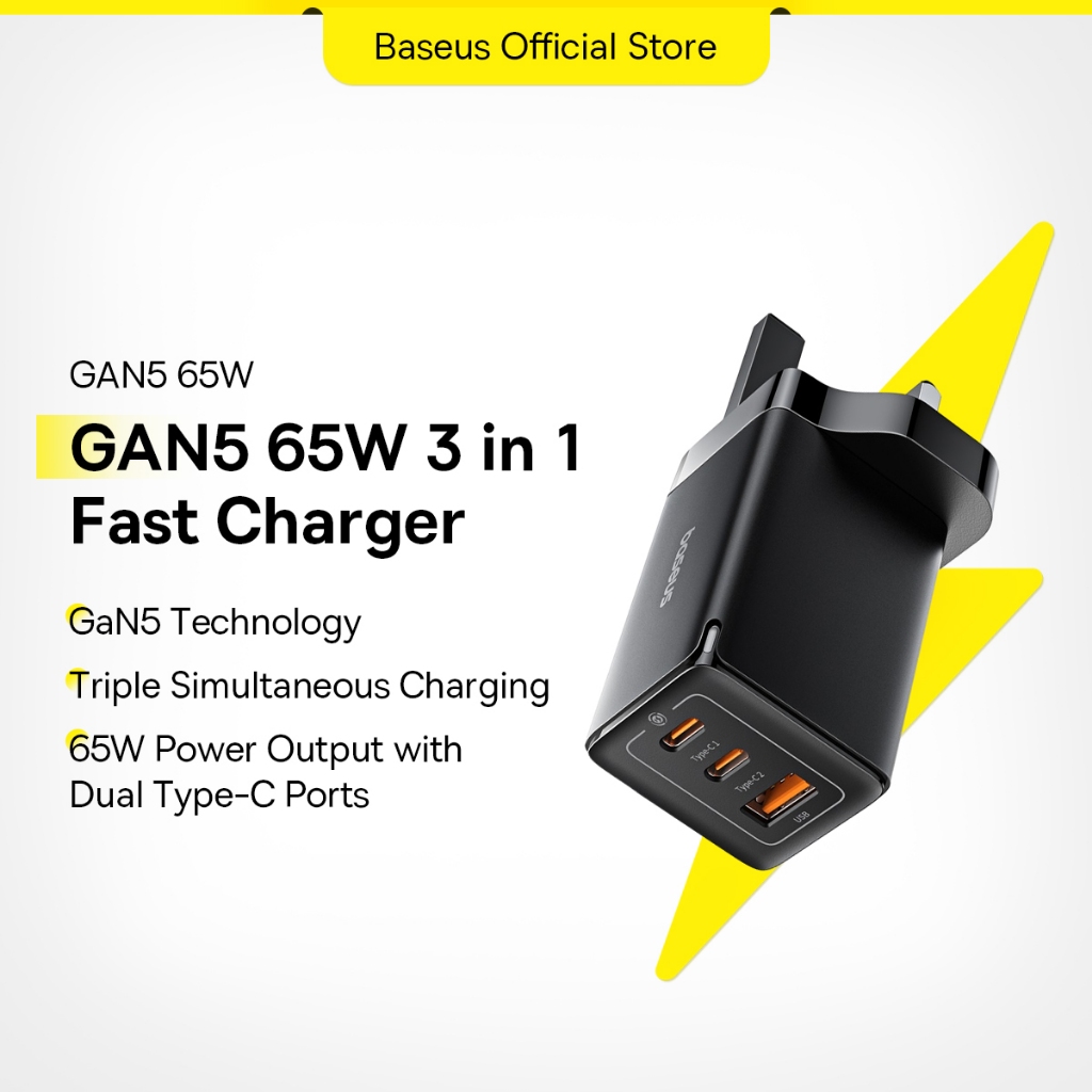 Baseus GaN5 Pro Fast Charger 2C+U 65W UK For iPhone 15 Laptop Xiaomi ...