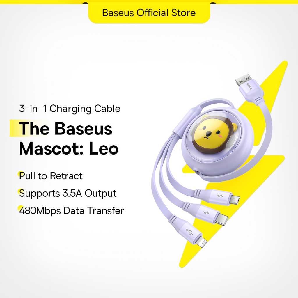 Baseus Leo Retractable Charging Cable 3 in 1 USB to M+L+C 3.5A Fast ...