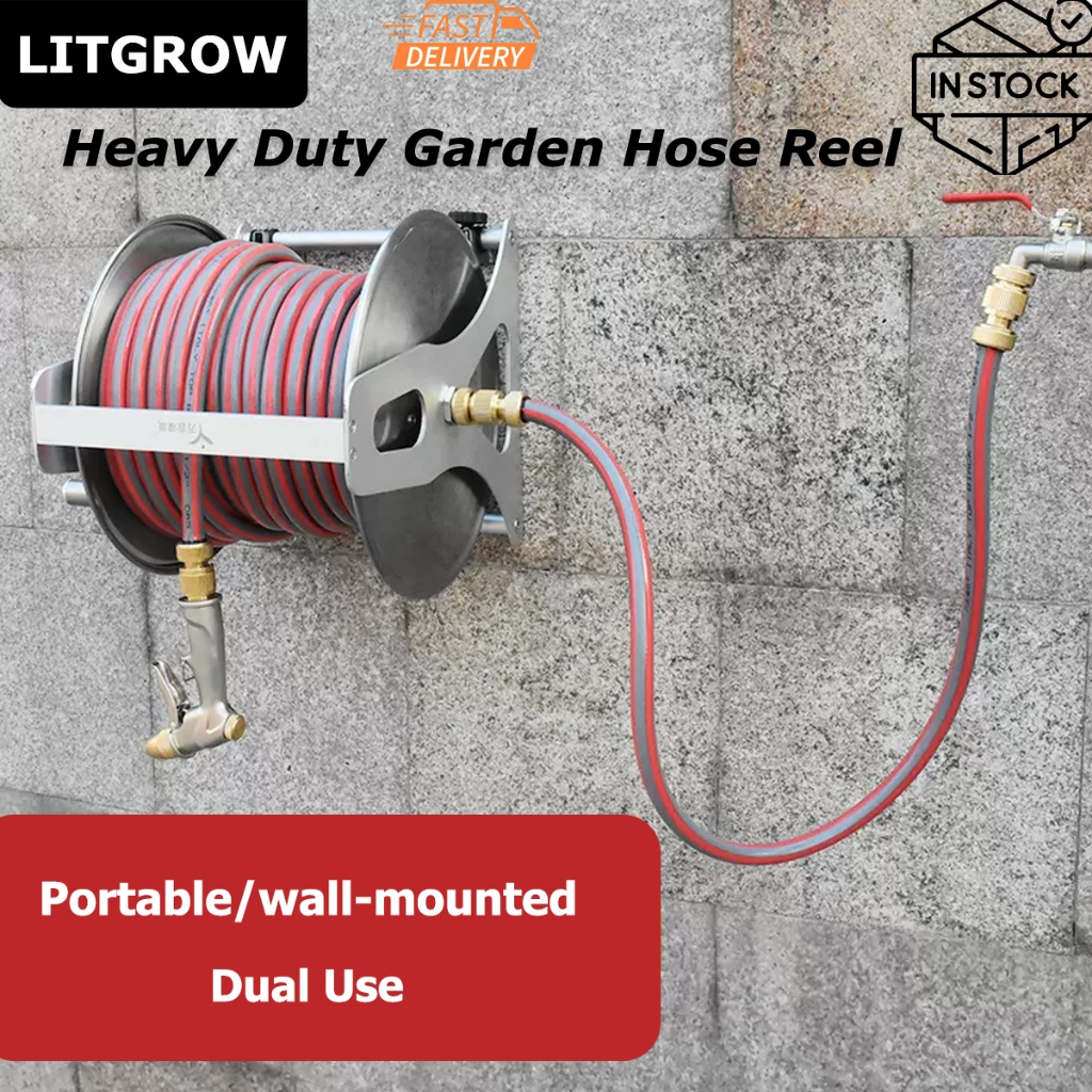Litgrow Heavy Duty Garden Hose Reel, Wall-Mounted/Portable Stainless ...