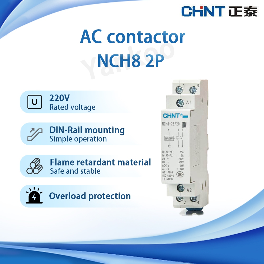 CHINT Mini Single-phase AC Contactor 220V DIN-Rail Mounting NCH8 Two Normally Open 2P 20A 25A ...