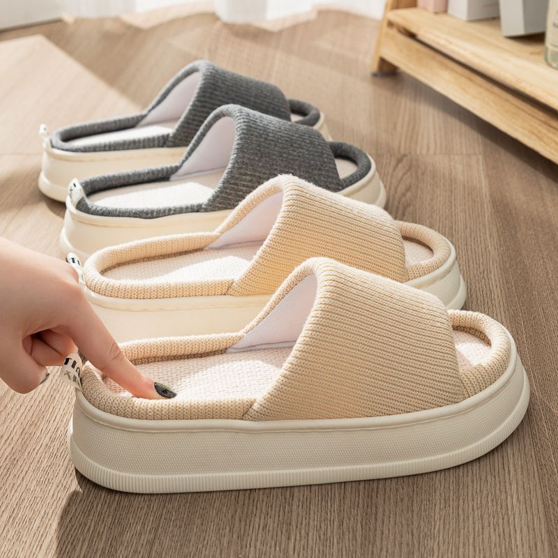 Simple Plain Color Soft Linen Slippers Women Summer Indoor Home Couple ...