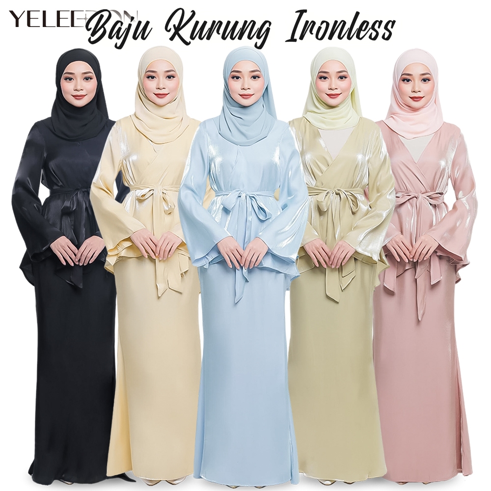 Yeleedon Women Muslimah Baju Kurung Shantung Silk Solid Color Belted ...