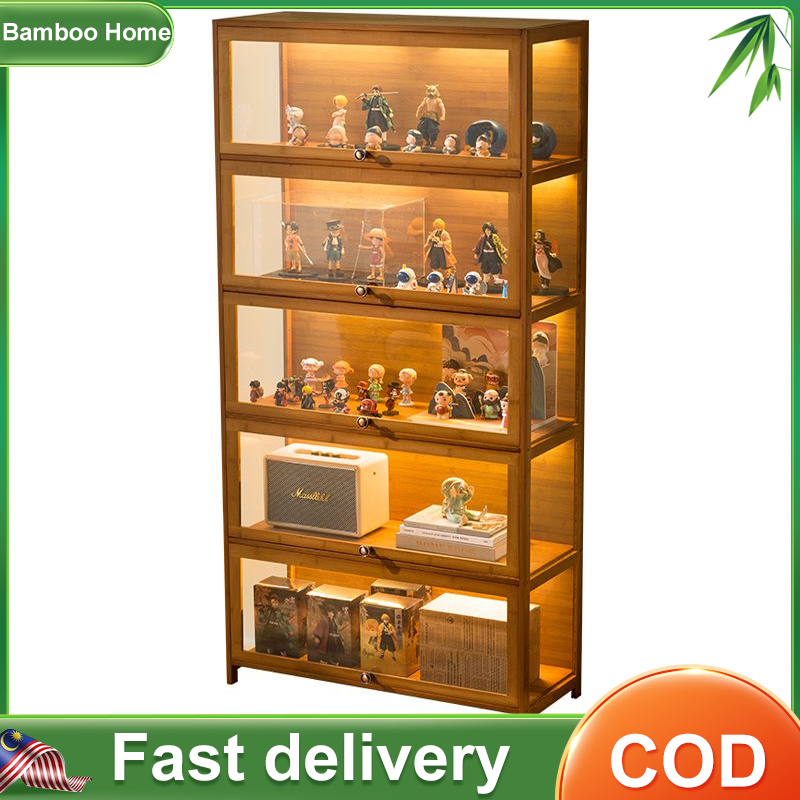 Bamboo Display cabinet Bamboo Bookshelf with door Acrylic transparent ...