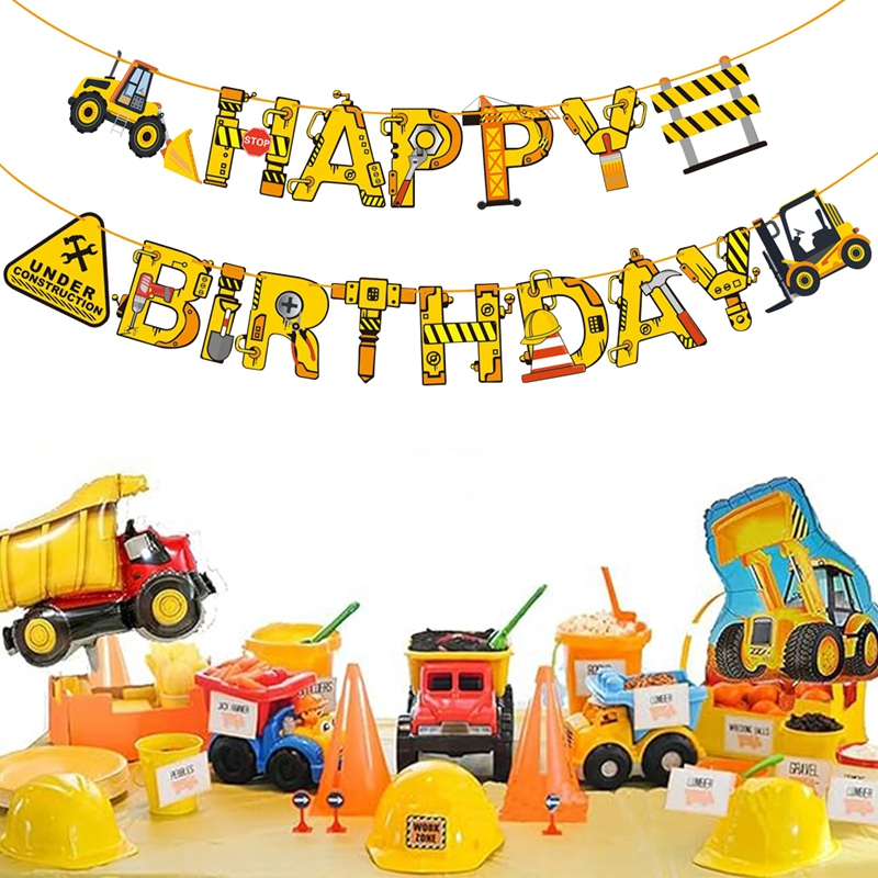 3M Construction Happy Birthday Banner Cartoon Engineering Vehicle ...