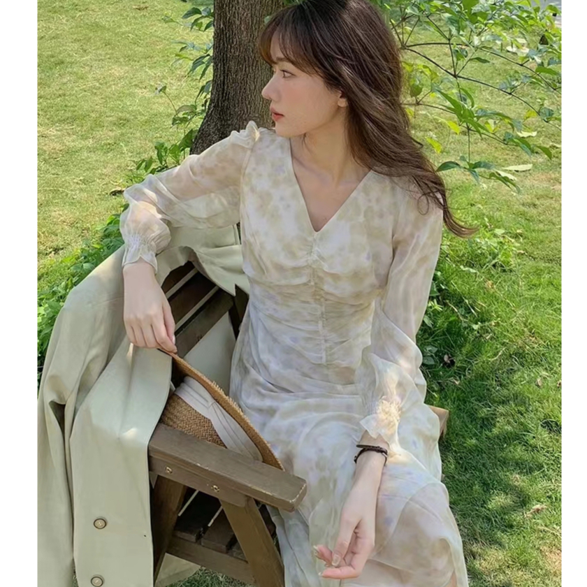 Summer gentle temperament slim fit floral V-neck fishtail skirt long ...