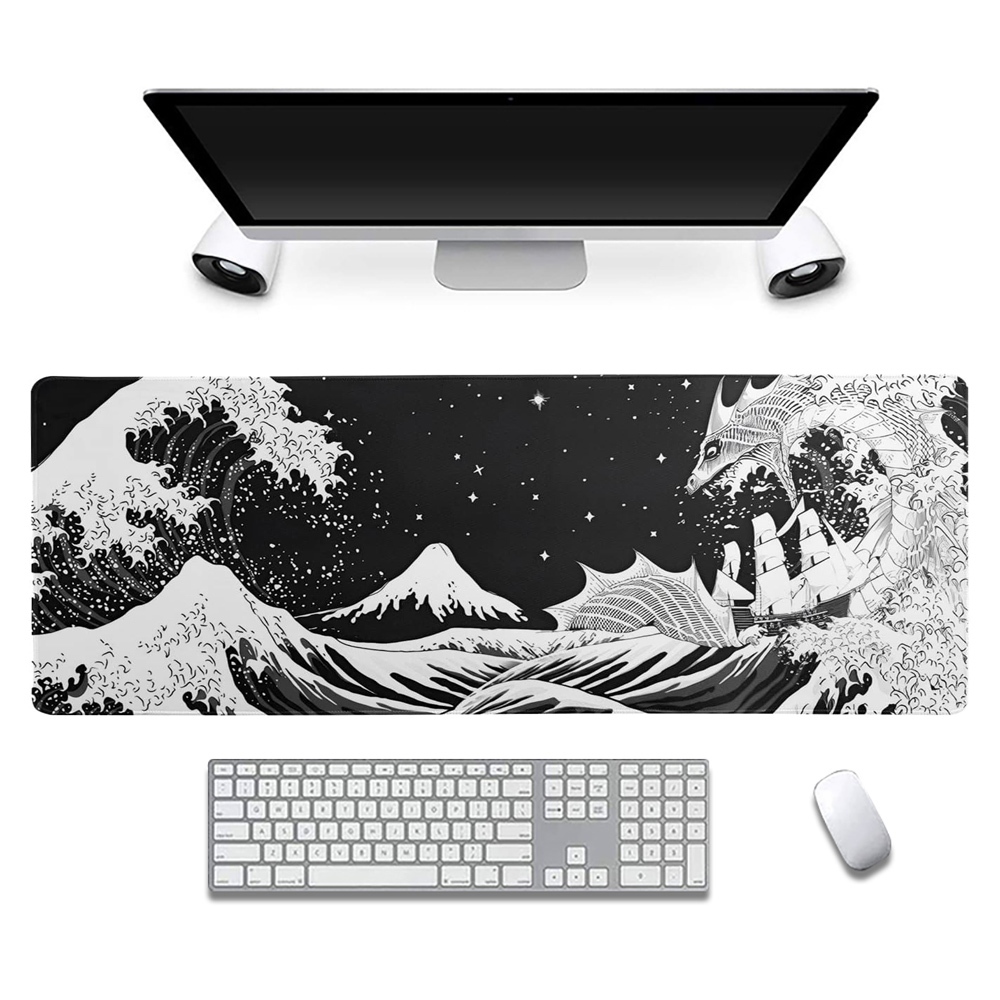 Black and White Japanese Wave Dragon Gaming Mouse Pad - Abstract Mat ...