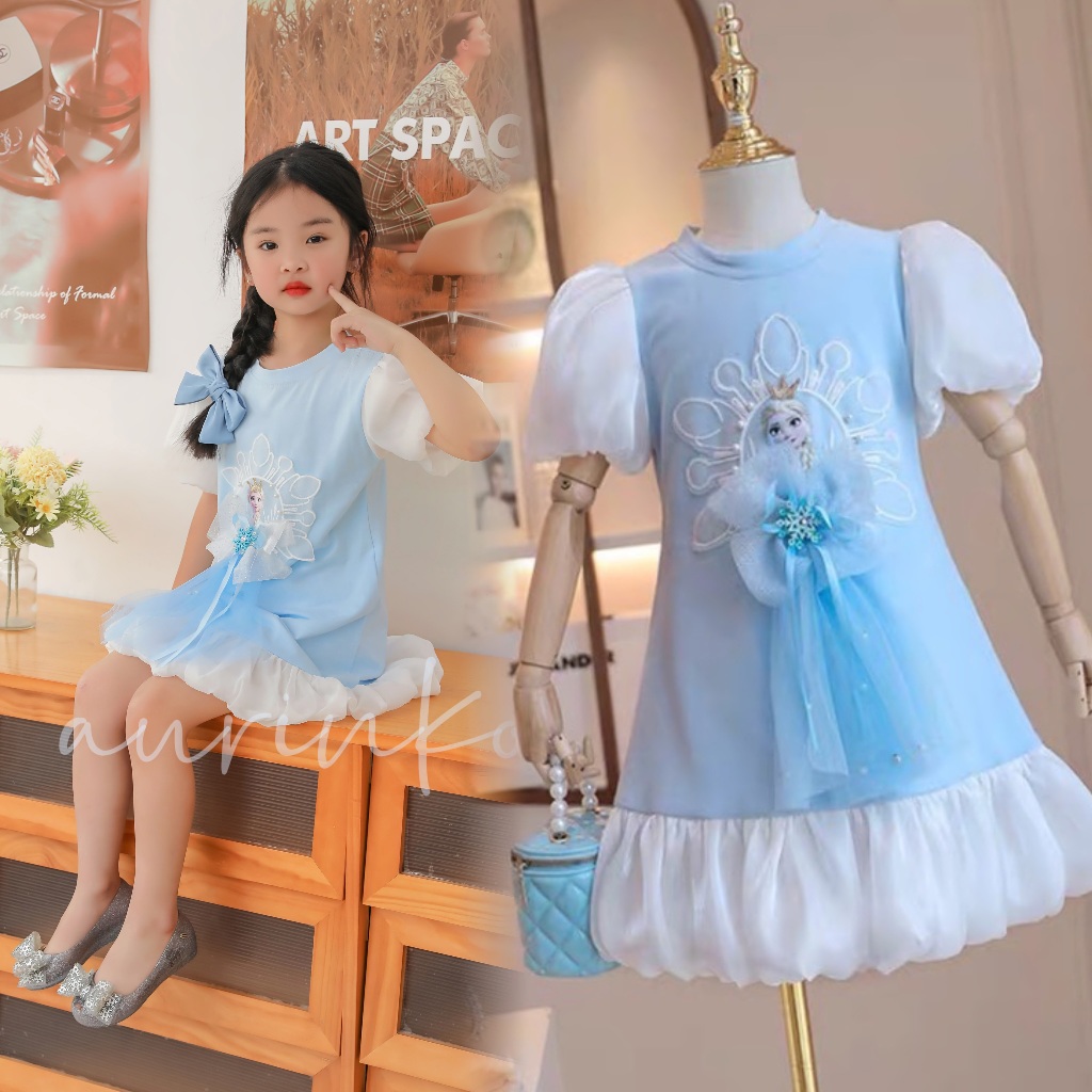 [1-7 Years]Baju Budak Perempuan, Puff Sleeve Frozen Elsa Dresses ...