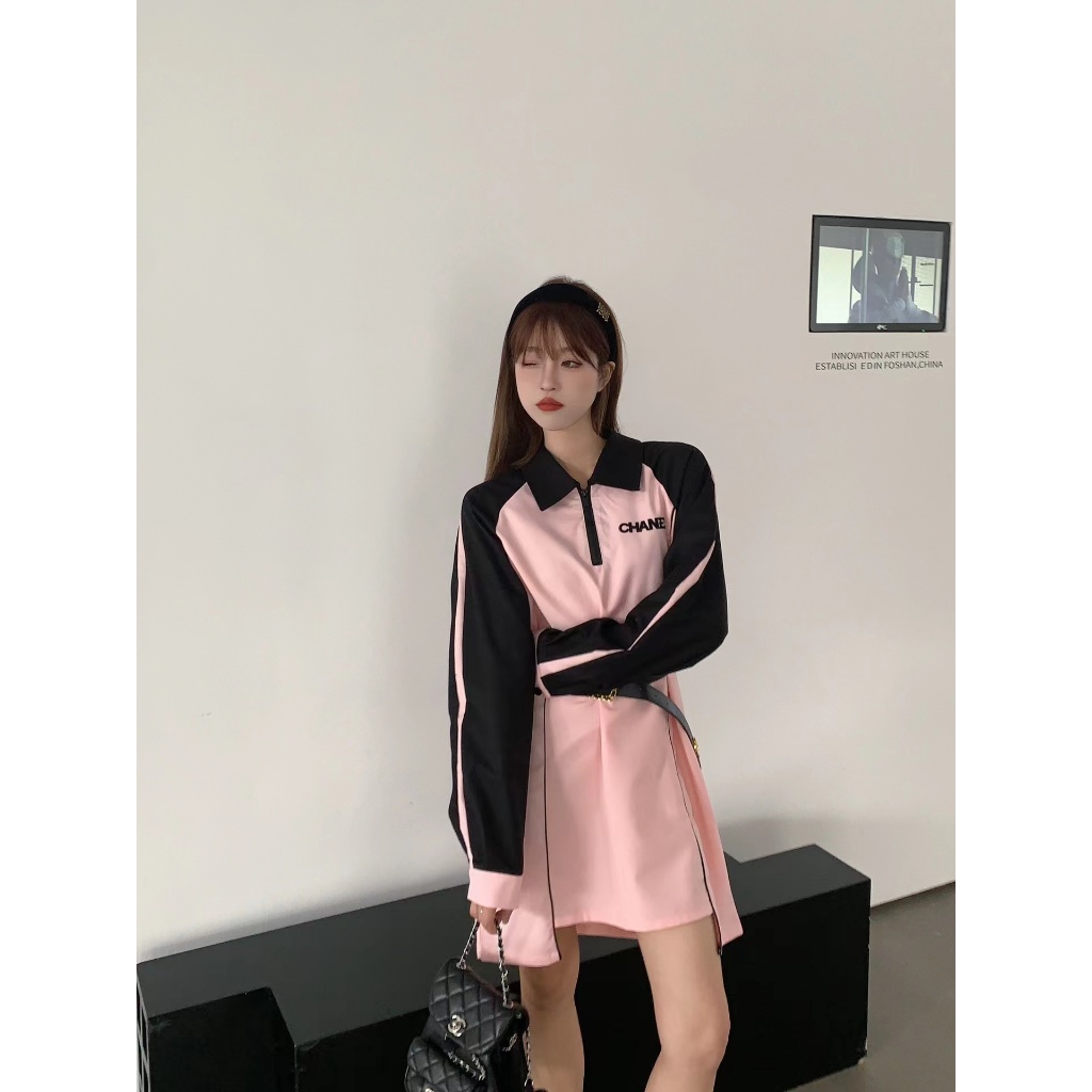 CHANEL New Style Color Matching Dress Pink Black Contrast Color Inner ...