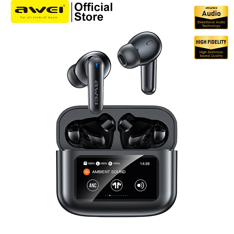 Awei T56 Bluetooth Earphones Smart Touch Screen Bluetooth 5.4 ANC+ENC Noise Cancelling Wireless ...
