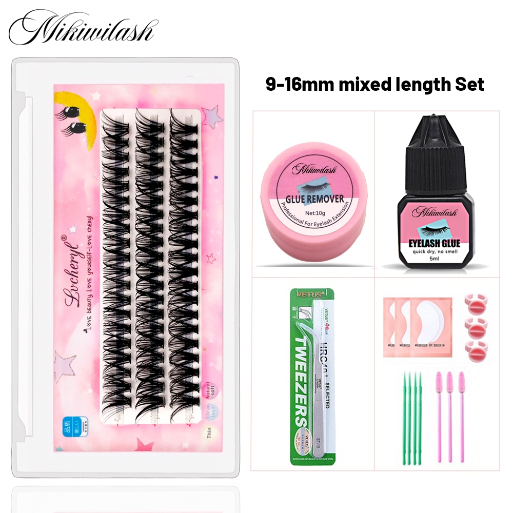 Mikiwilash Eyelash Extension With Glue Tweezer 9-16mm mixed length Individual Cluster Lashes 0 ...