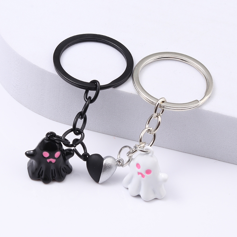 Cartoon Cute Ghost Black And White Heart Enamel Keychain For Women Men ...