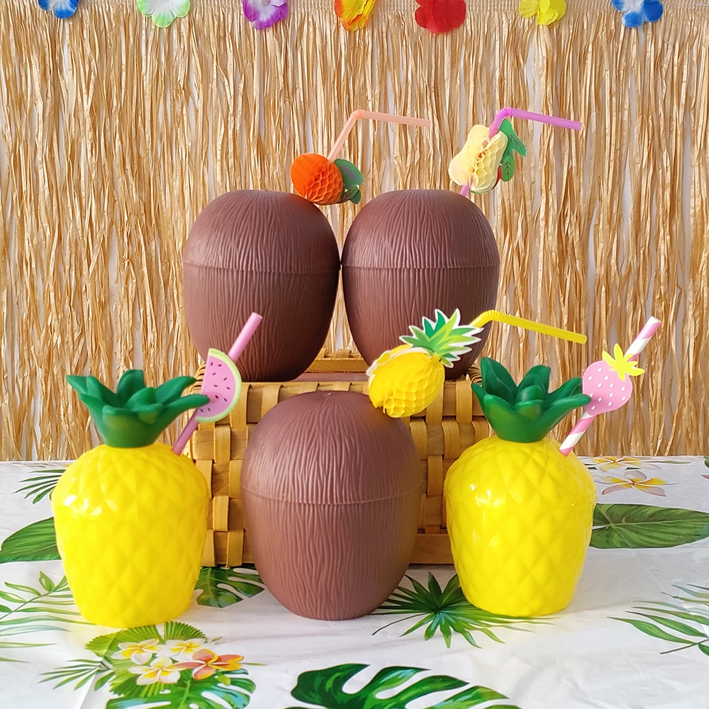 Tropical Pineapple Coconut Drinking Cup Juice Cups Straw Summer Luau ...