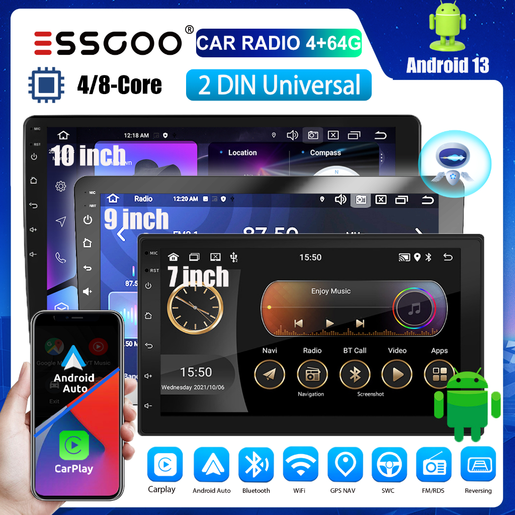 ESSGOO 4+64GB 4/8-Core Carplay Android Auto 7"/9"/10" IPS Screen Car ...
