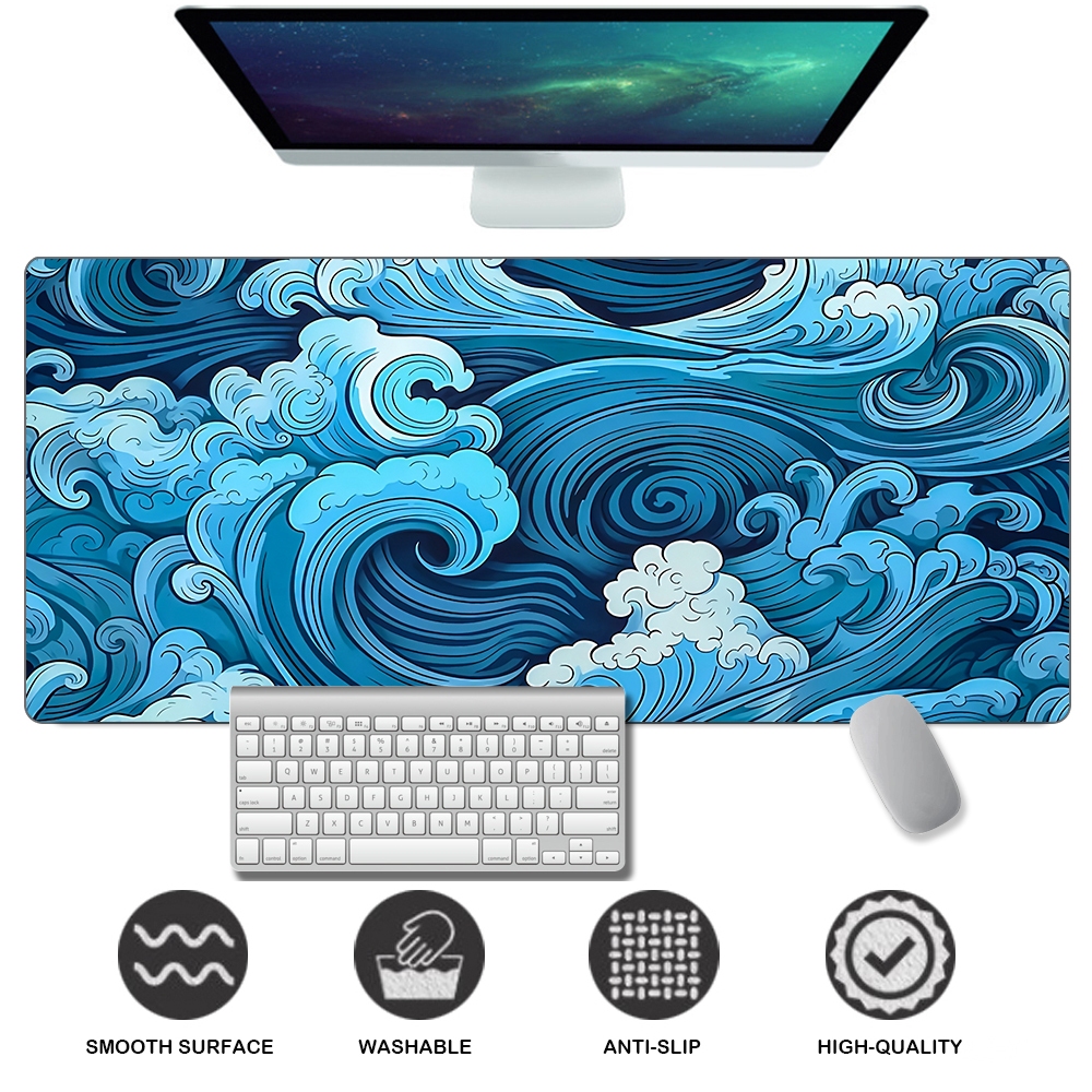 Aesthetic Desk Mat Art Japanese Great Waves XXL Gaming Mouse Pad Blue Mousepad 900x400 Beautiful ...