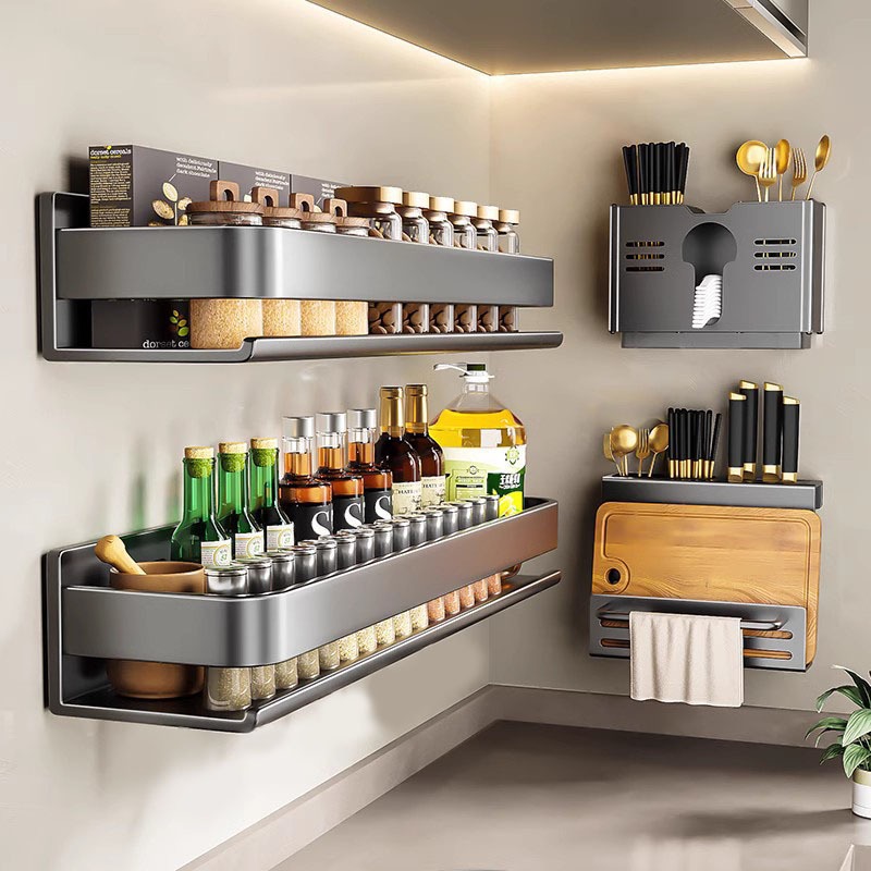 FLOATING SPICE RACK KITCHEN ORGANIZER STACKED WALL-MOUNTED CONDIMENTS ...