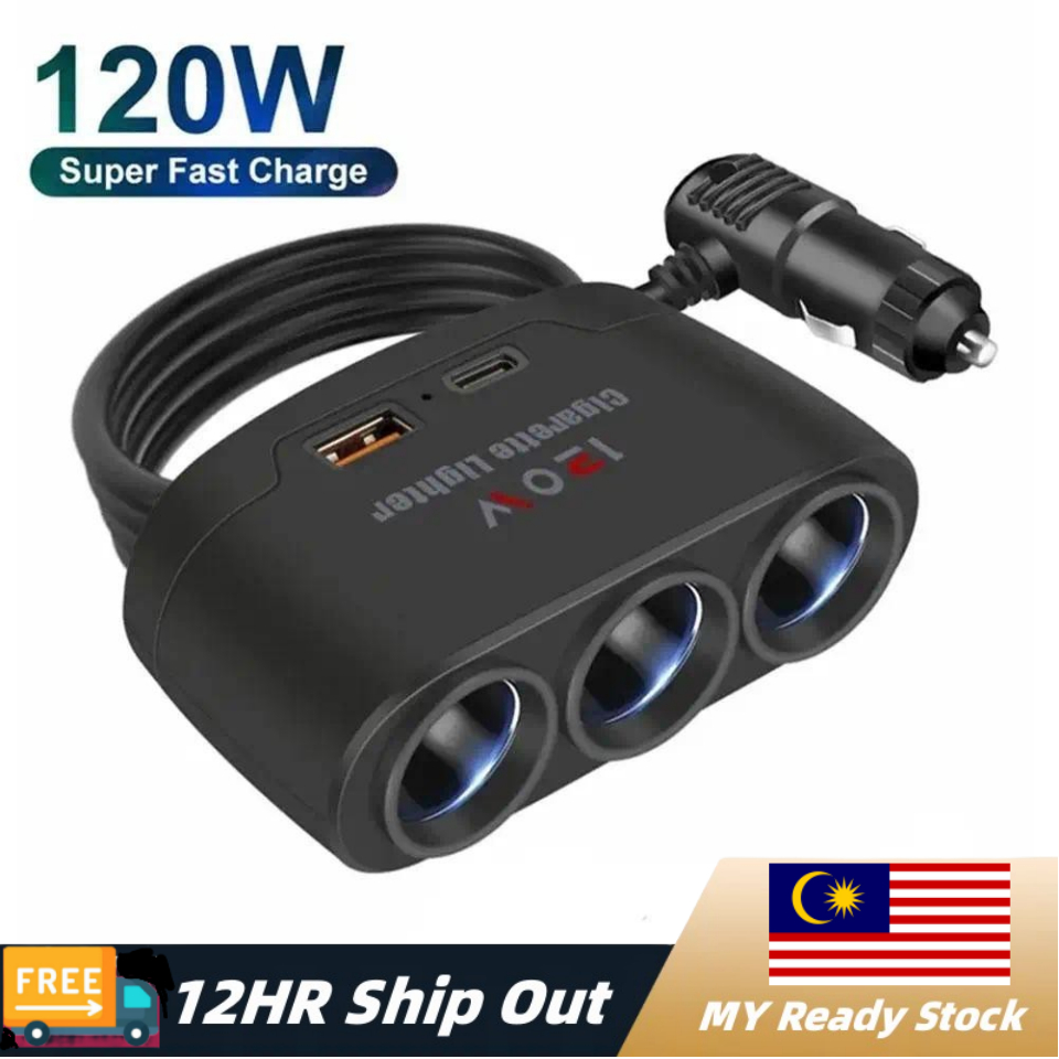 (Local Shippment) 120W Car Charger Adapter 12V/24V 3 Socket Car ...