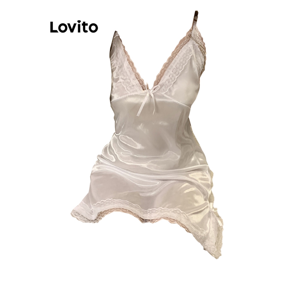 Lovito Sexy Plain Lace Bow Sleep Dress for Women LNA24088 (White ...