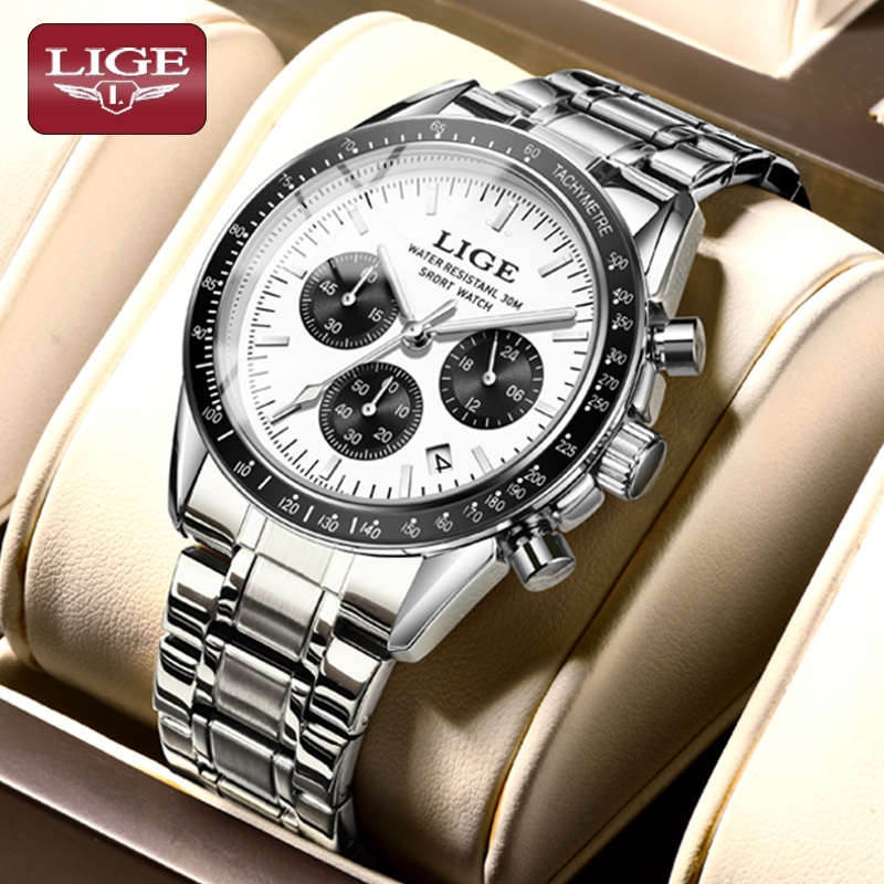 LIGE Waterproof Luxury Steel Strap Fashion Men Sport Watch | Shopee ...