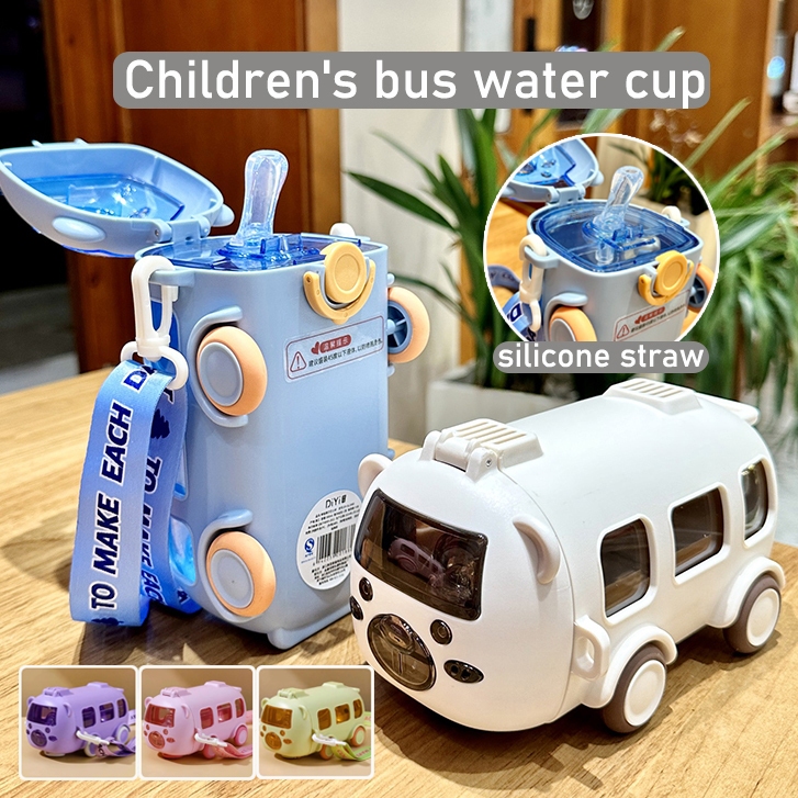 500ml Baby Cartoon Bus Water Bottle Tritan Cute Creative Kids Toy Straw ...