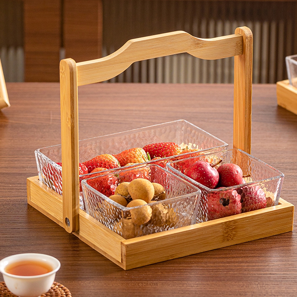 Glass divided bowl with wood tray, compartment snack bowl with lid ...