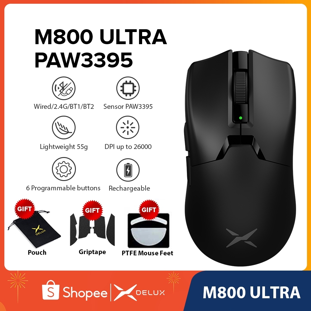 Delux M800 Ultra PAW3395 Bluetooth Gaming Mouse DPI MAX 26000 RGB Wireless Mouse Gaming ...