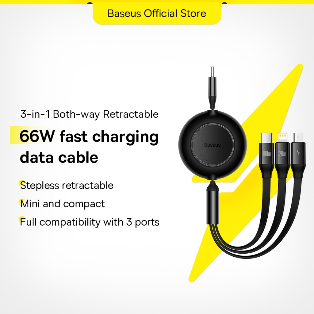Baseus 3 in 1 Retractable 100W/66W Fast Charging Data Cable | Shopee Malaysia
