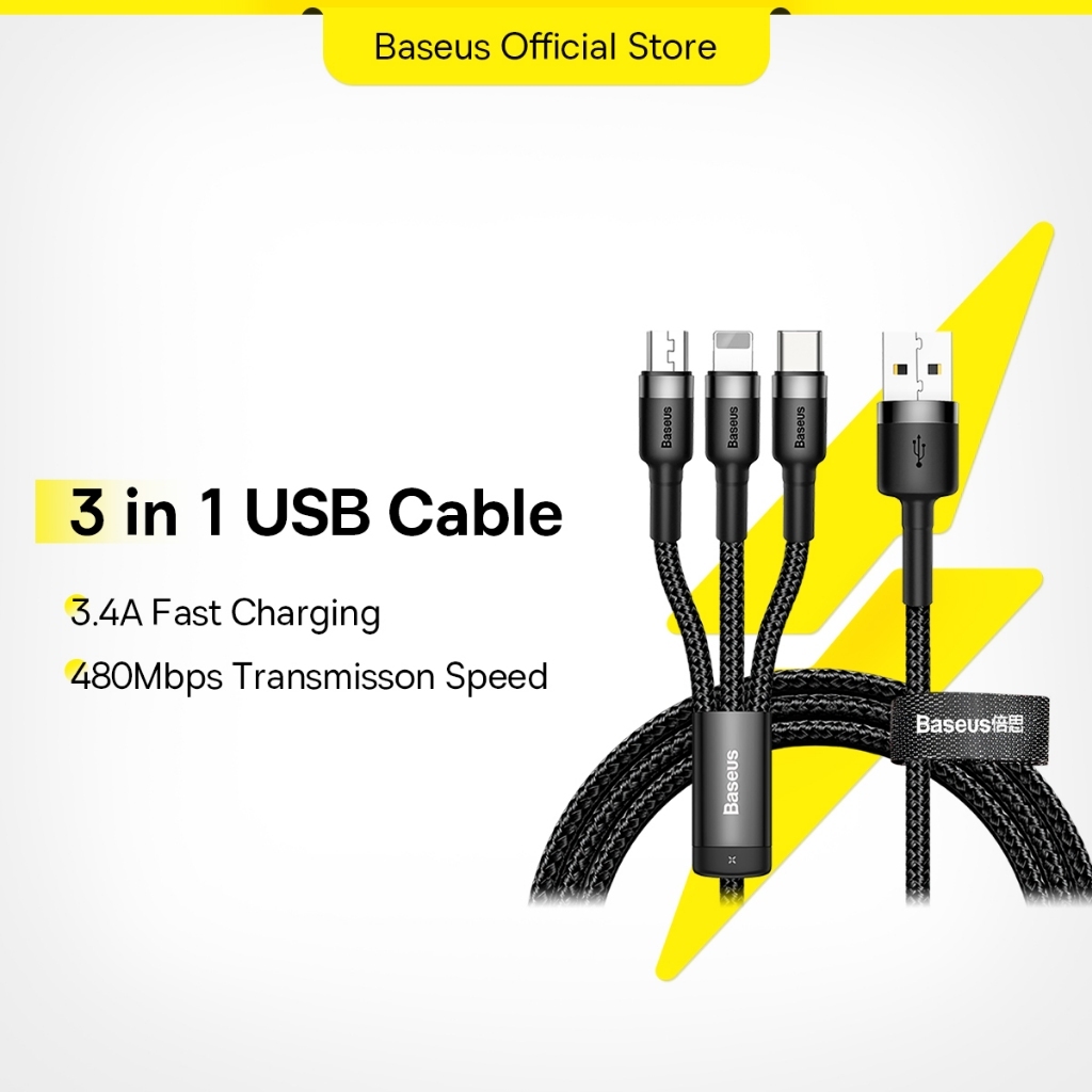 Baseus 3 in 1 USB Cable Multi Charging Cable USB to M+L+C For iPhone ...