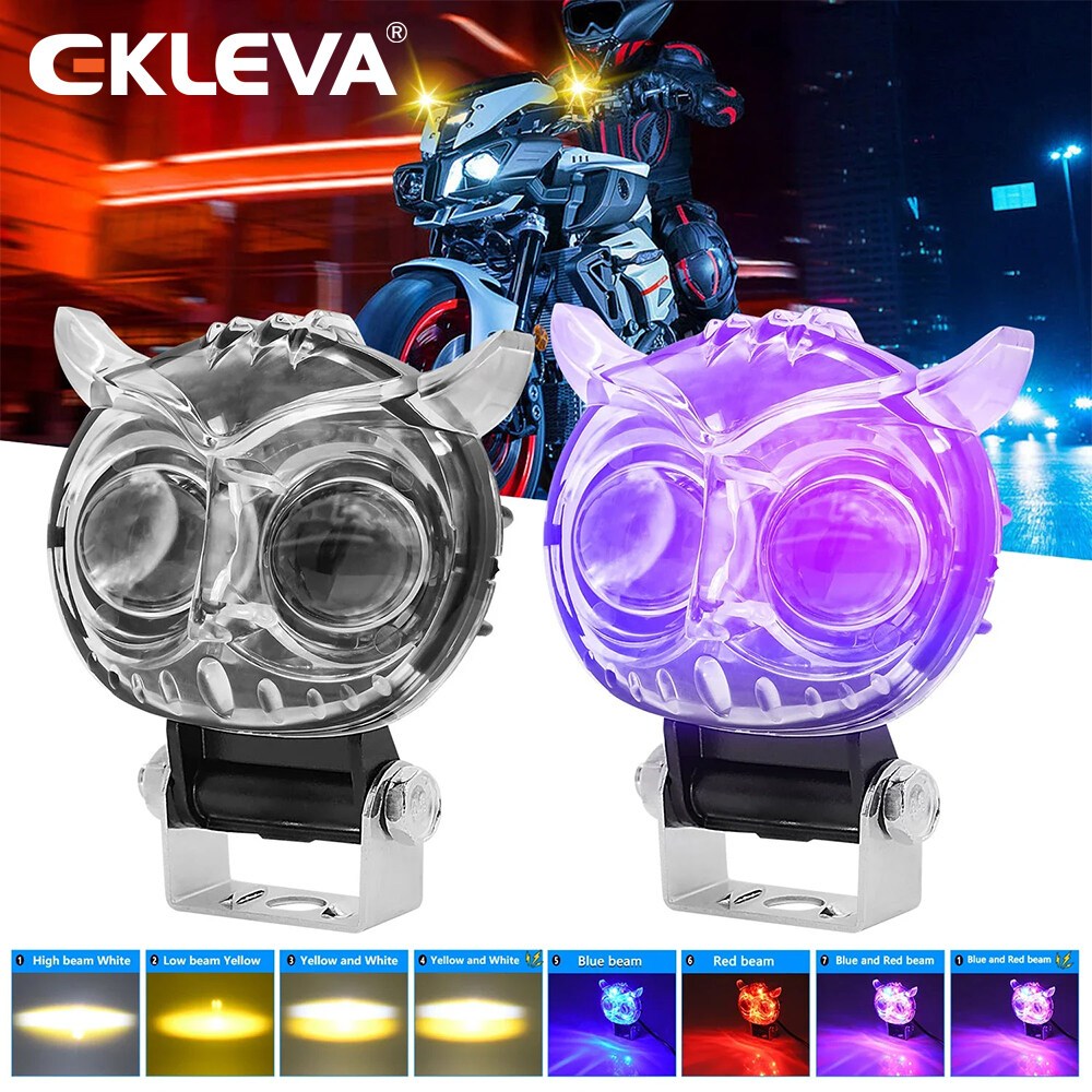 EKLEVA Universal Motorcycle Headlights RGB Driving High/Low Owl ...