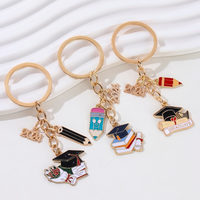 2024 Graduation Book Pencil Hat Enamel Keychain Stationery Flower Key ...