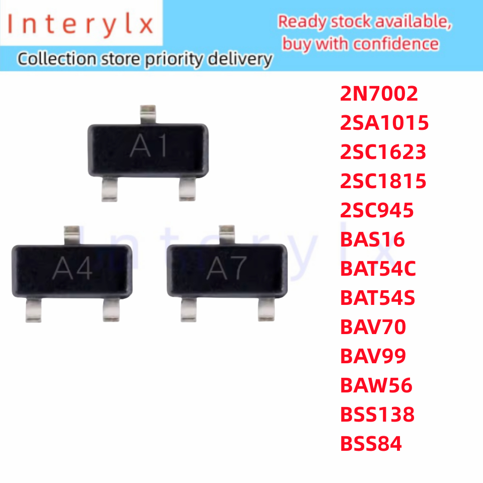 10pcs 2N7002 2SA1015 2SC1623 2SC1815 2SC945 BAS16 BAT54C BAT54S BAV70 ...