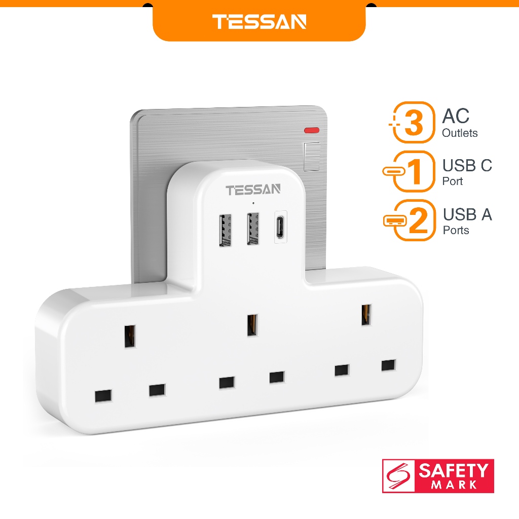 Tessan Multi Plug Extension With Usb Type C Power Socket Extension Plug