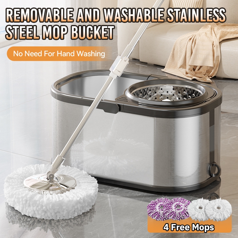 【4 Free Mops】MOK Mop+Mop Bucket Household Stainless Steel Large Mop ...
