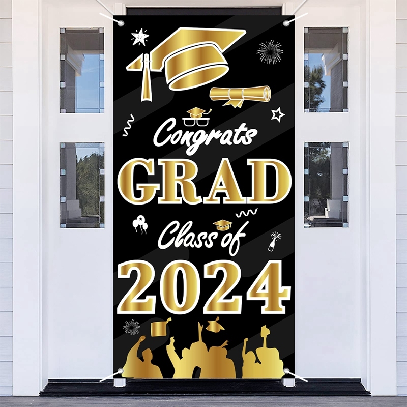 Black Golden 2024 Graduation Hanging Flag GRAD 2024 Graduation Banner ...