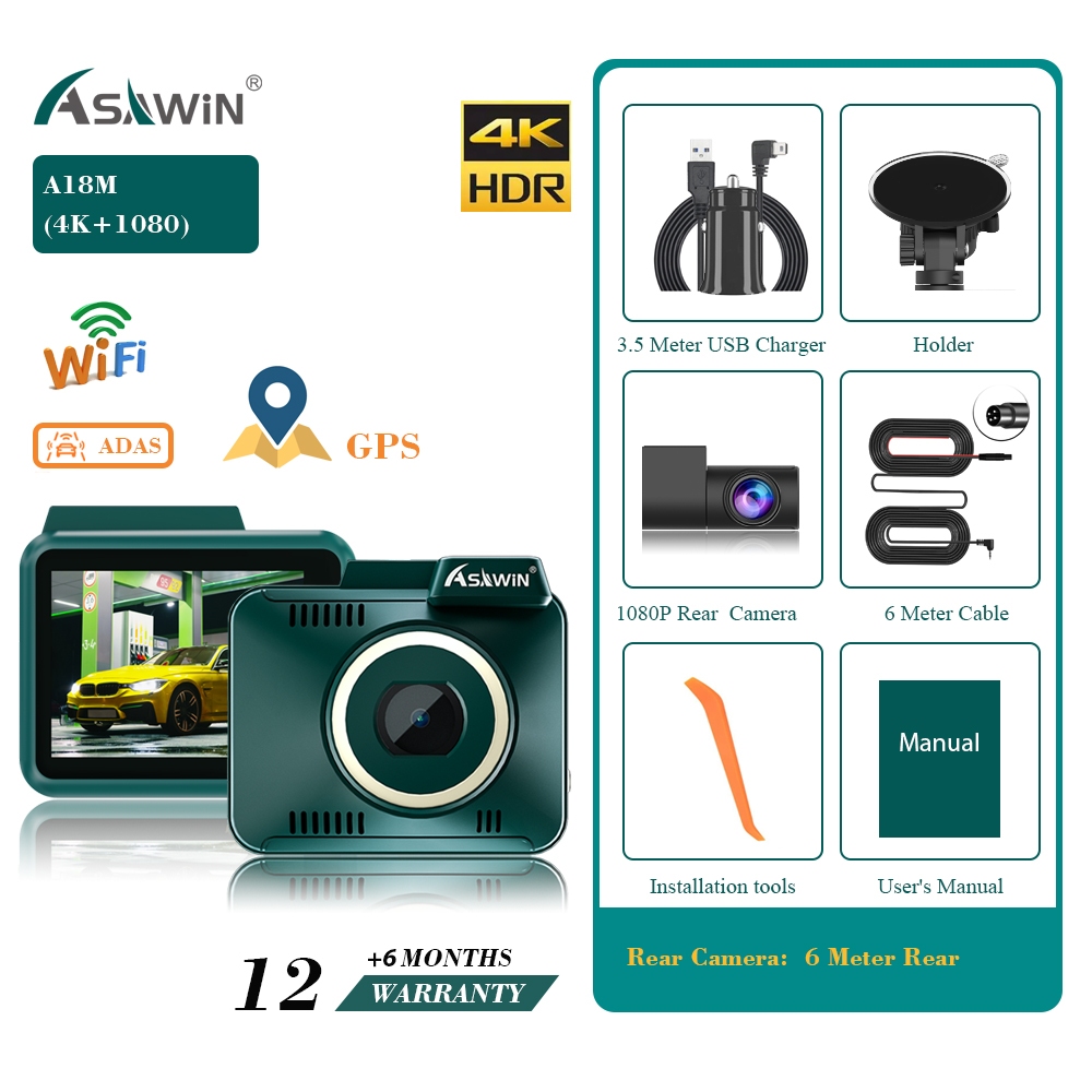Asawin A18 4K ADAS Dash Cam Wifi Gps Front And Rear Car Camera 2.35 ...