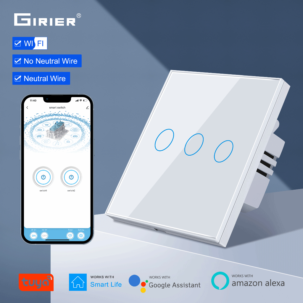 GIRIER Tuya Smart Light Switch No Neutral Wire Required WiFi Wall Touch ...