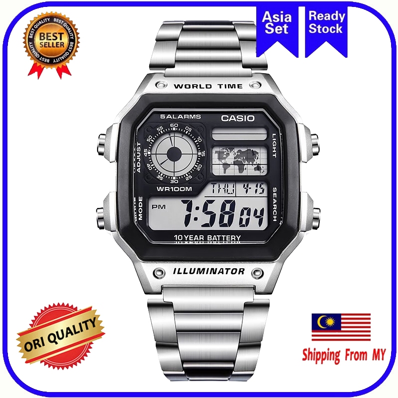 ( 2 YEARS WARRANTY ) Jam Tangan Lelaki Casio General AE-1200WHD-1AV Silver Stainless Steel Band ...
