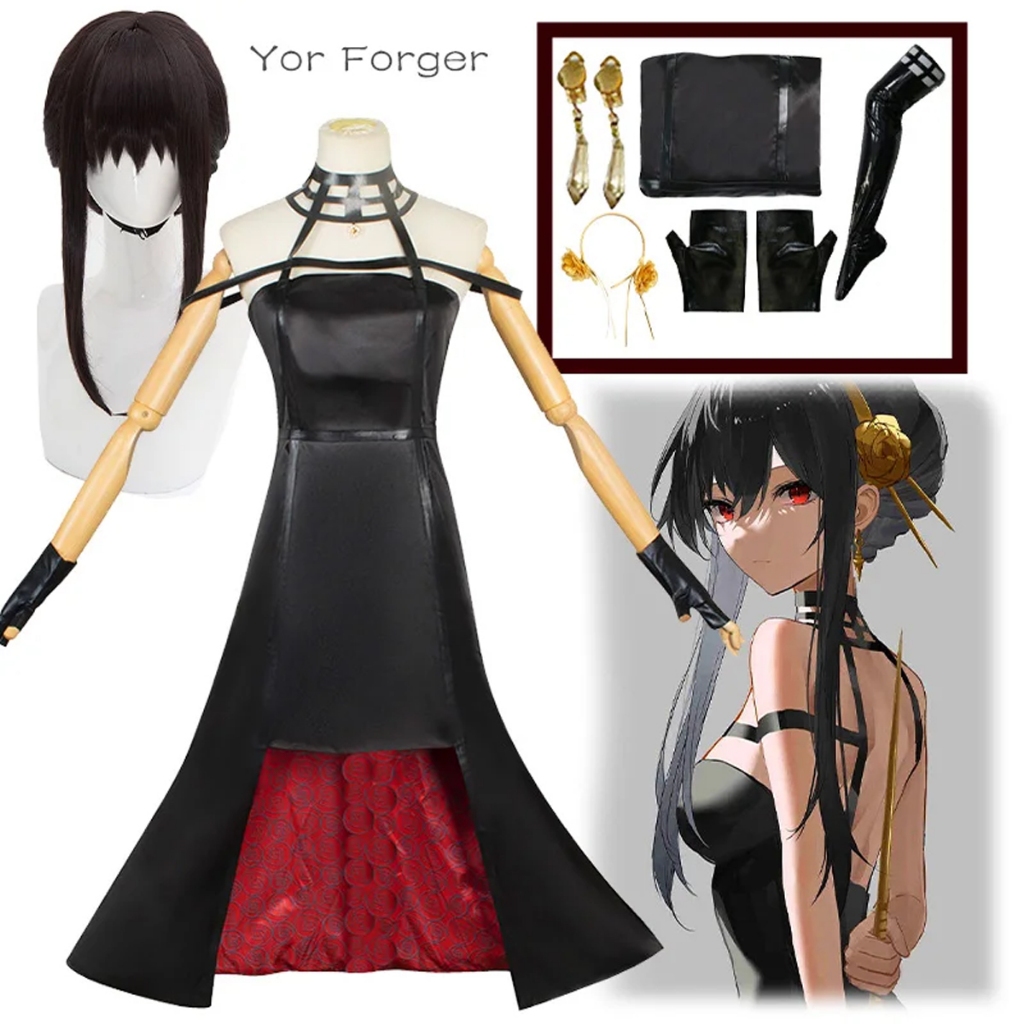 Yor Forger Cosplay Costume Wig Killer Assassin Gothic Halter Black ...