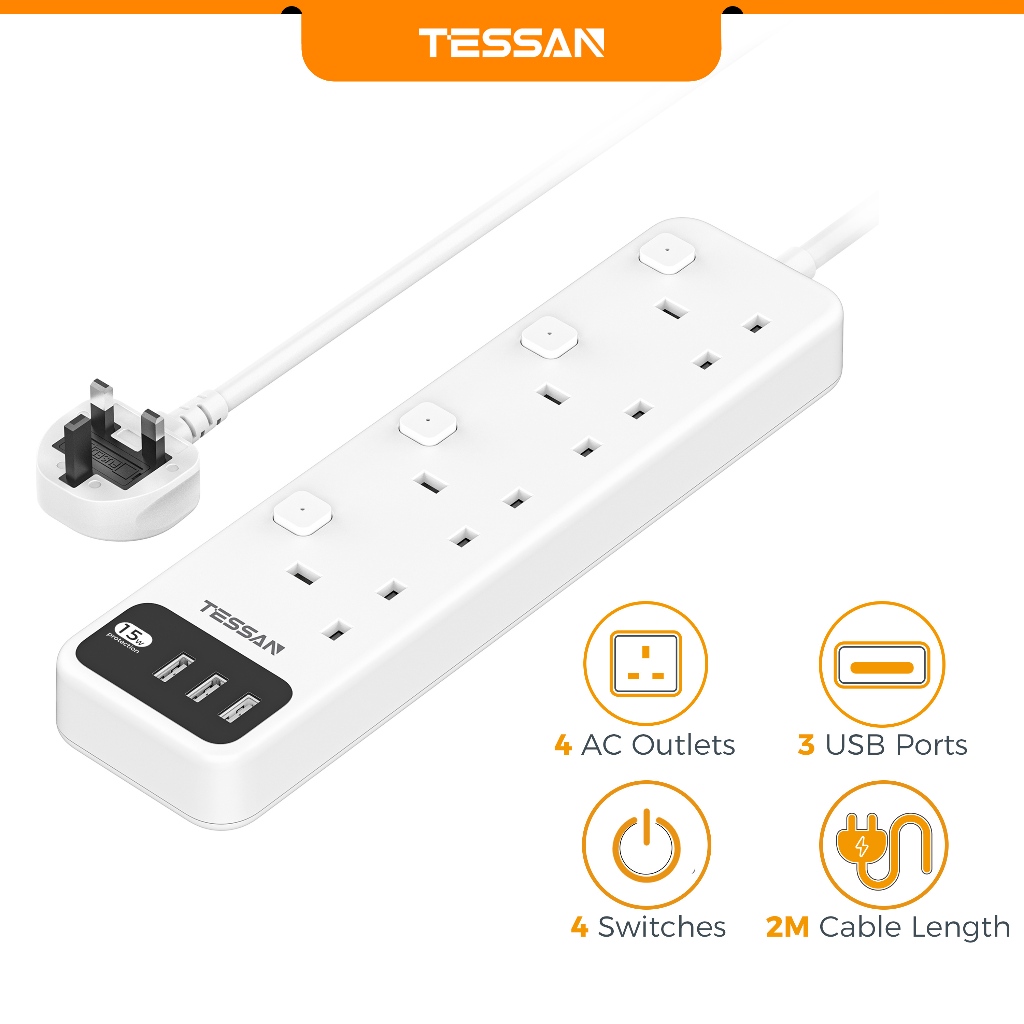 TESSAN Extension Plug Power Socket Extension Cord with 3 USB Slots ...